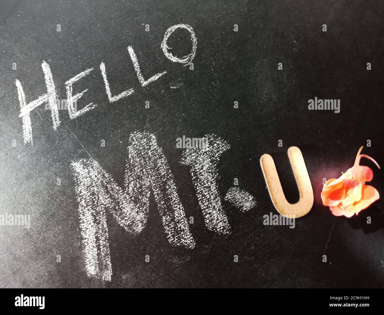 Hello mister U text displayed on chalk board concept with wooden ...