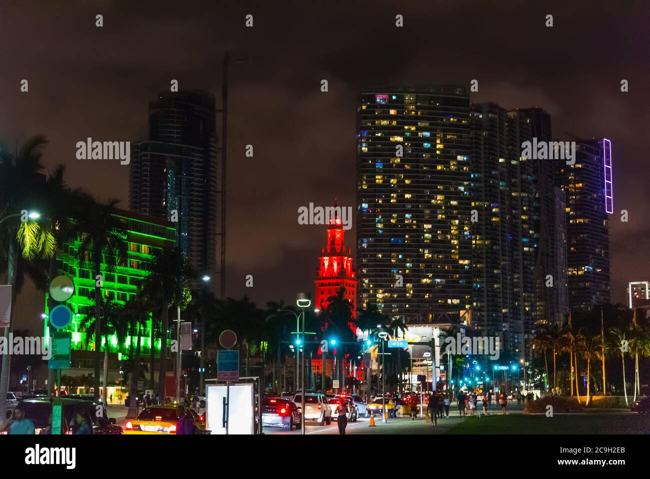 Colorful buildings in downtown Miami at night. Southern Florida, USA ...