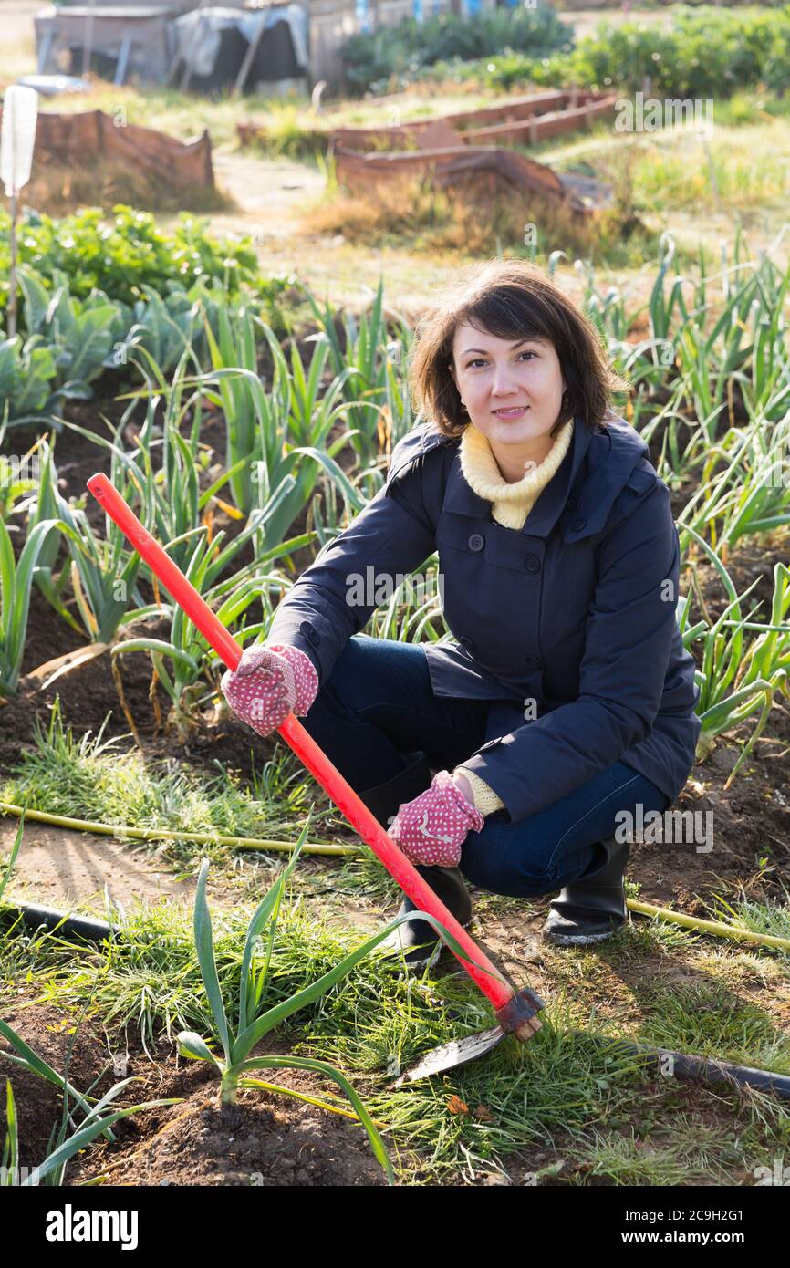Young woman farmer working with hoe in vegetable garden, hoeing the ...