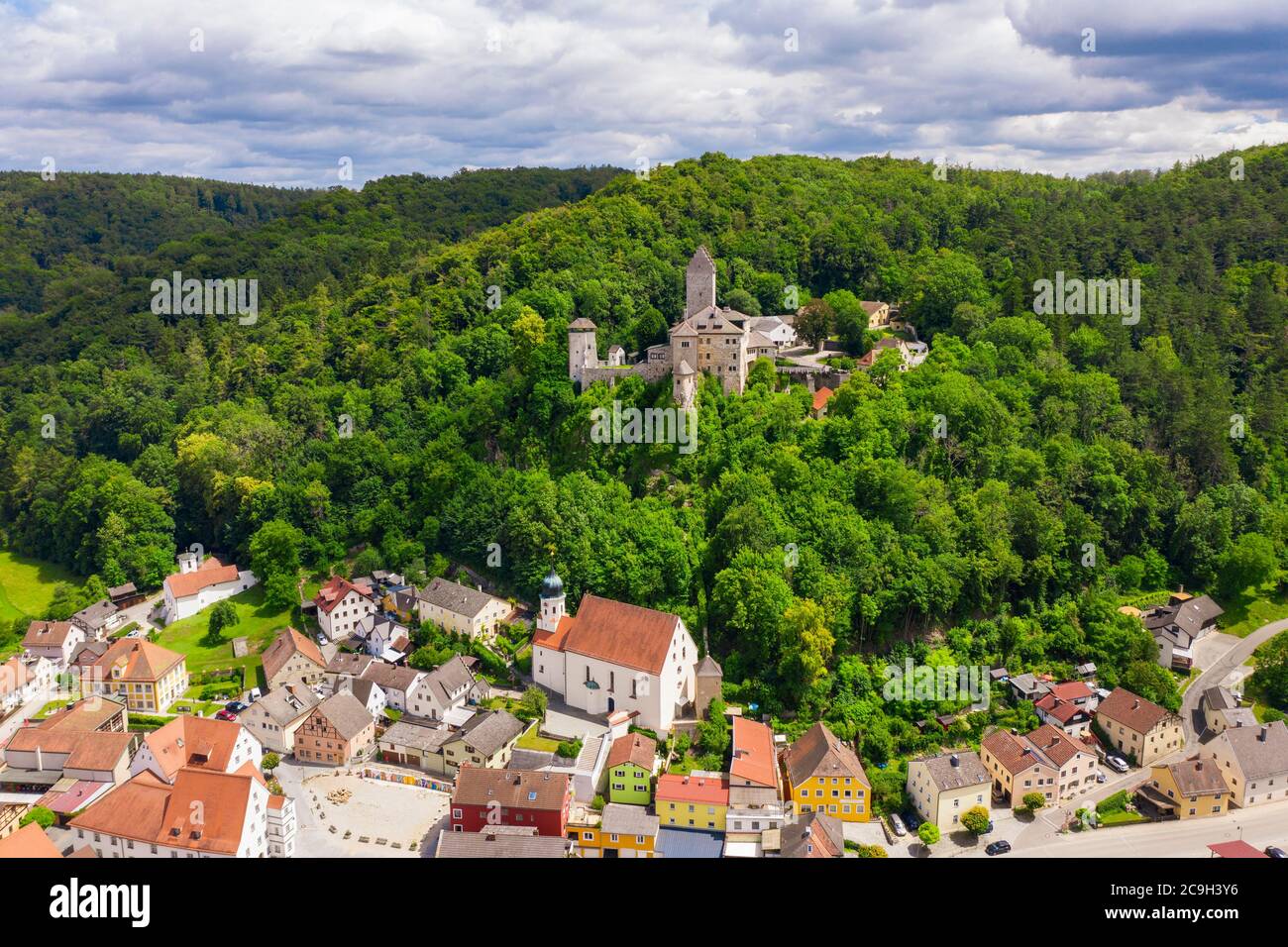 Castle Kipfenberg and village Kipfenberg, Altmuehltal, drone recording ...