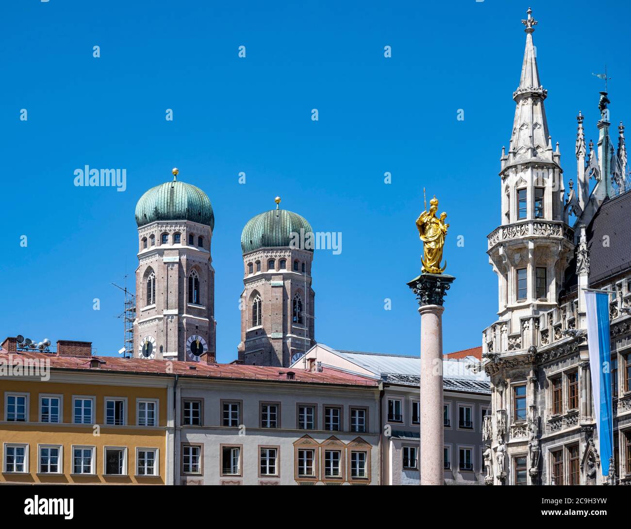 Marian column and steeples of the Church of Our Lady, Marienplatz ...