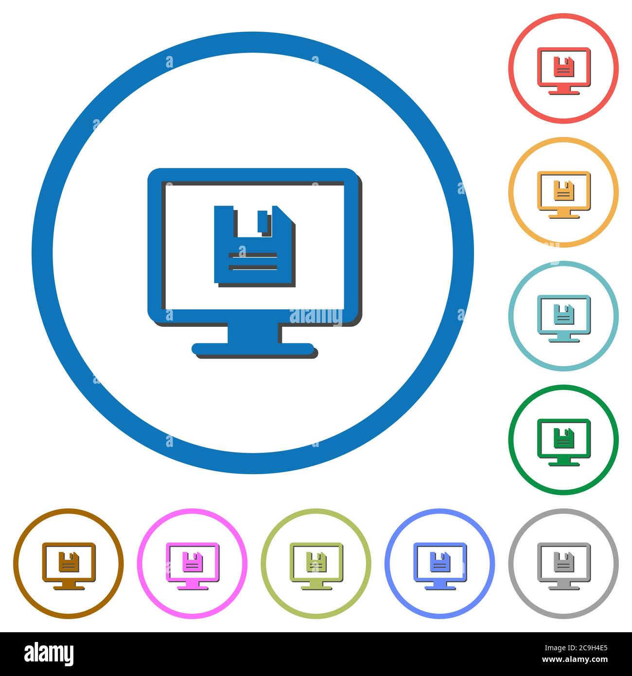 Save display settings flat color vector icons with shadows in round outlines on white background ...