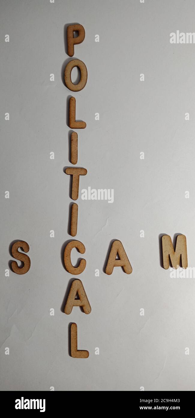 Political Scam cross word business terminology presented on white ...