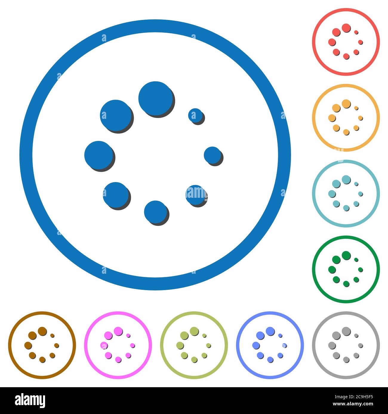 Preloader symbol flat color vector icons with shadows in round outlines ...