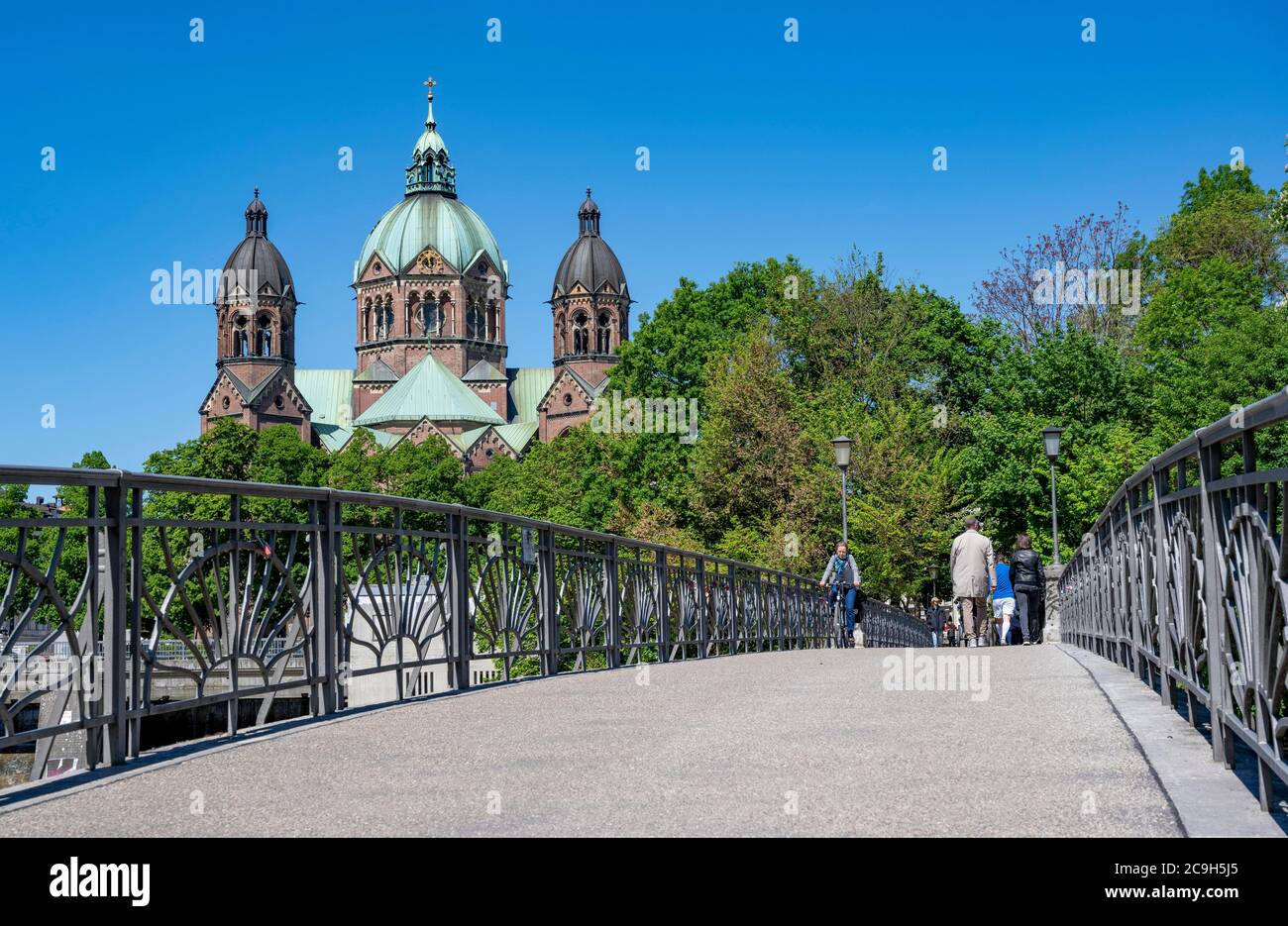 Bridge cable bridge, Church of St. Luke, Munich, Upper Bavaria, Bavaria ...
