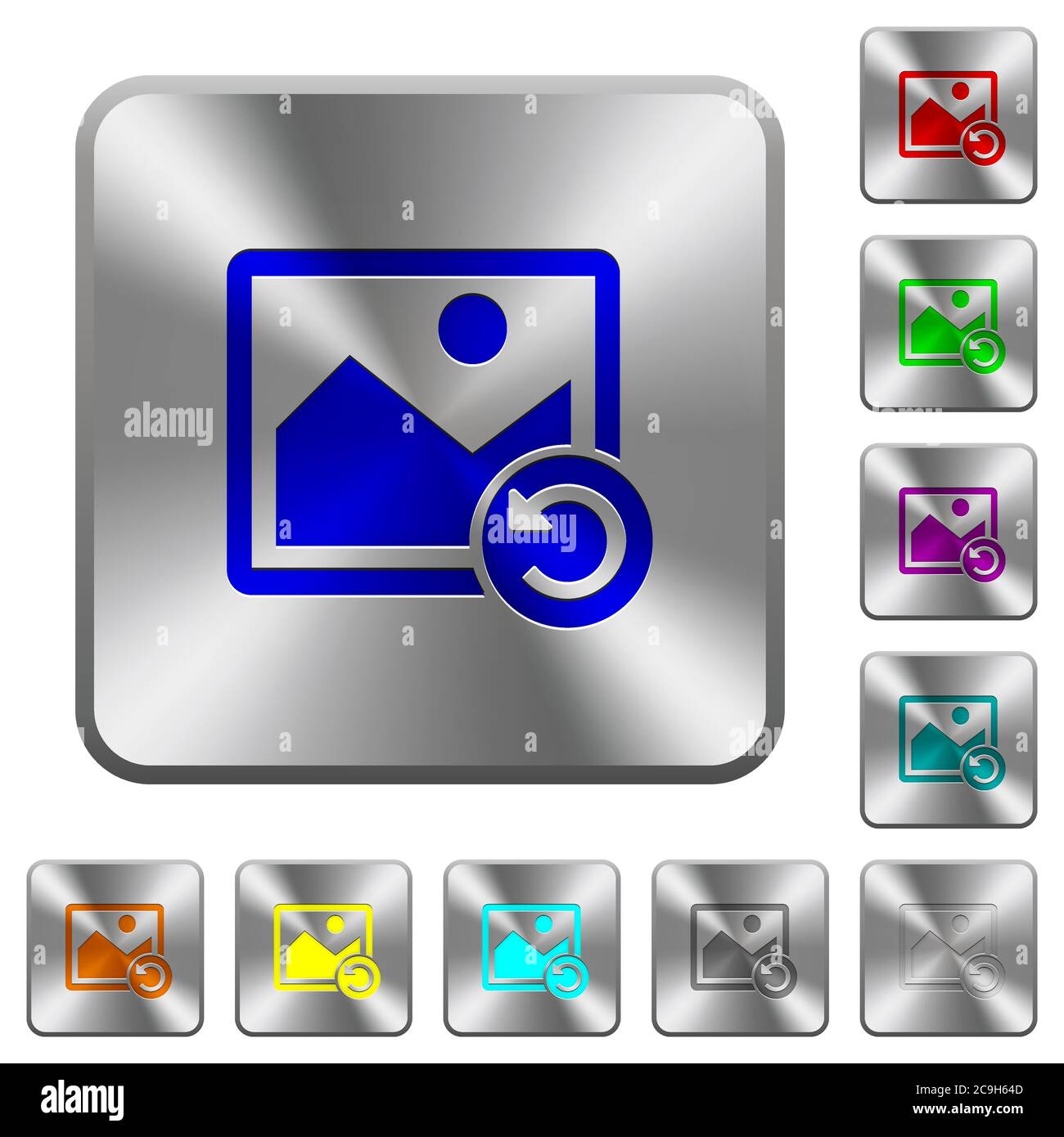 Image rotate left engraved icons on rounded square glossy steel buttons ...