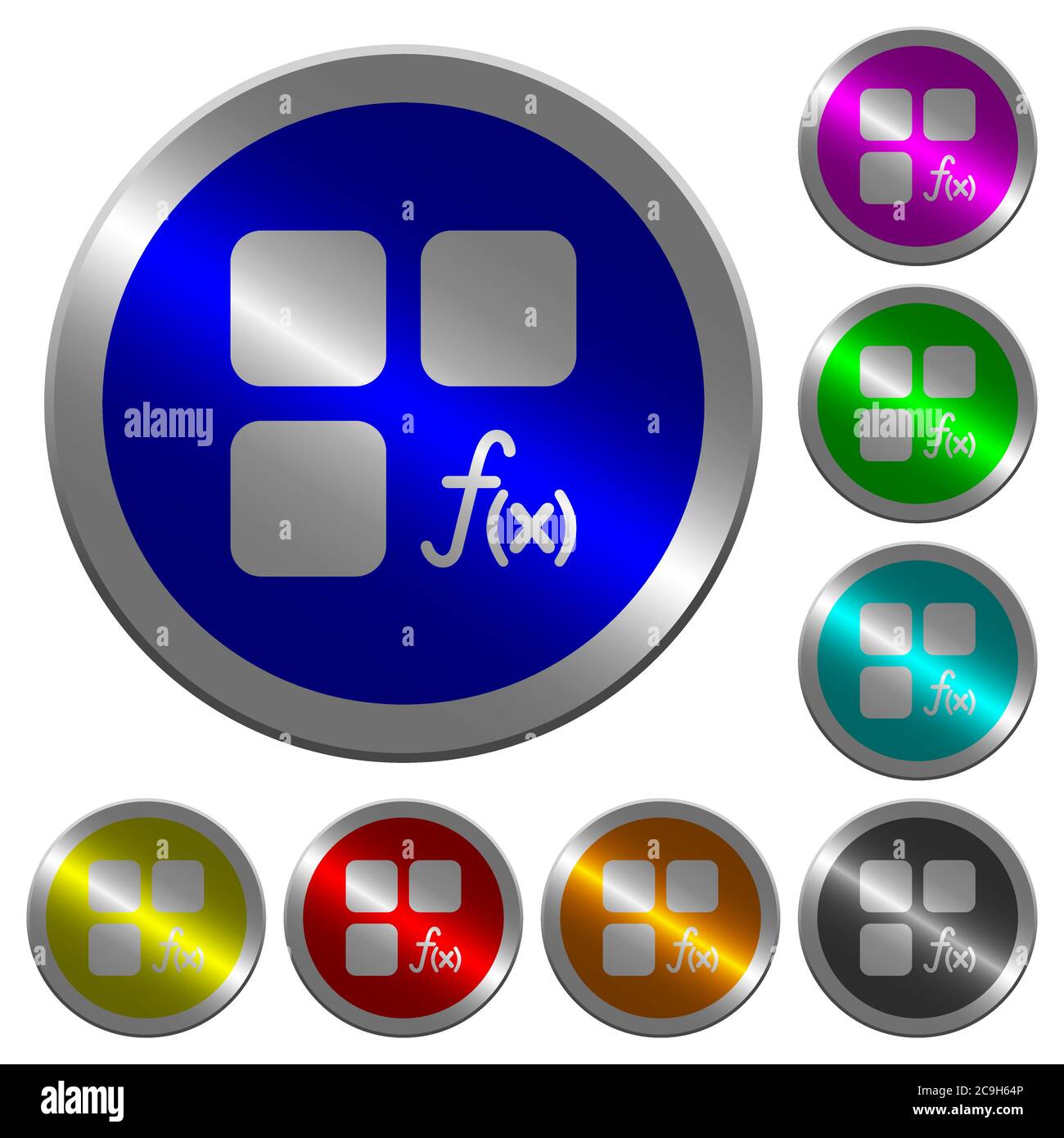 Component functions icons on round luminous coin-like color steel ...