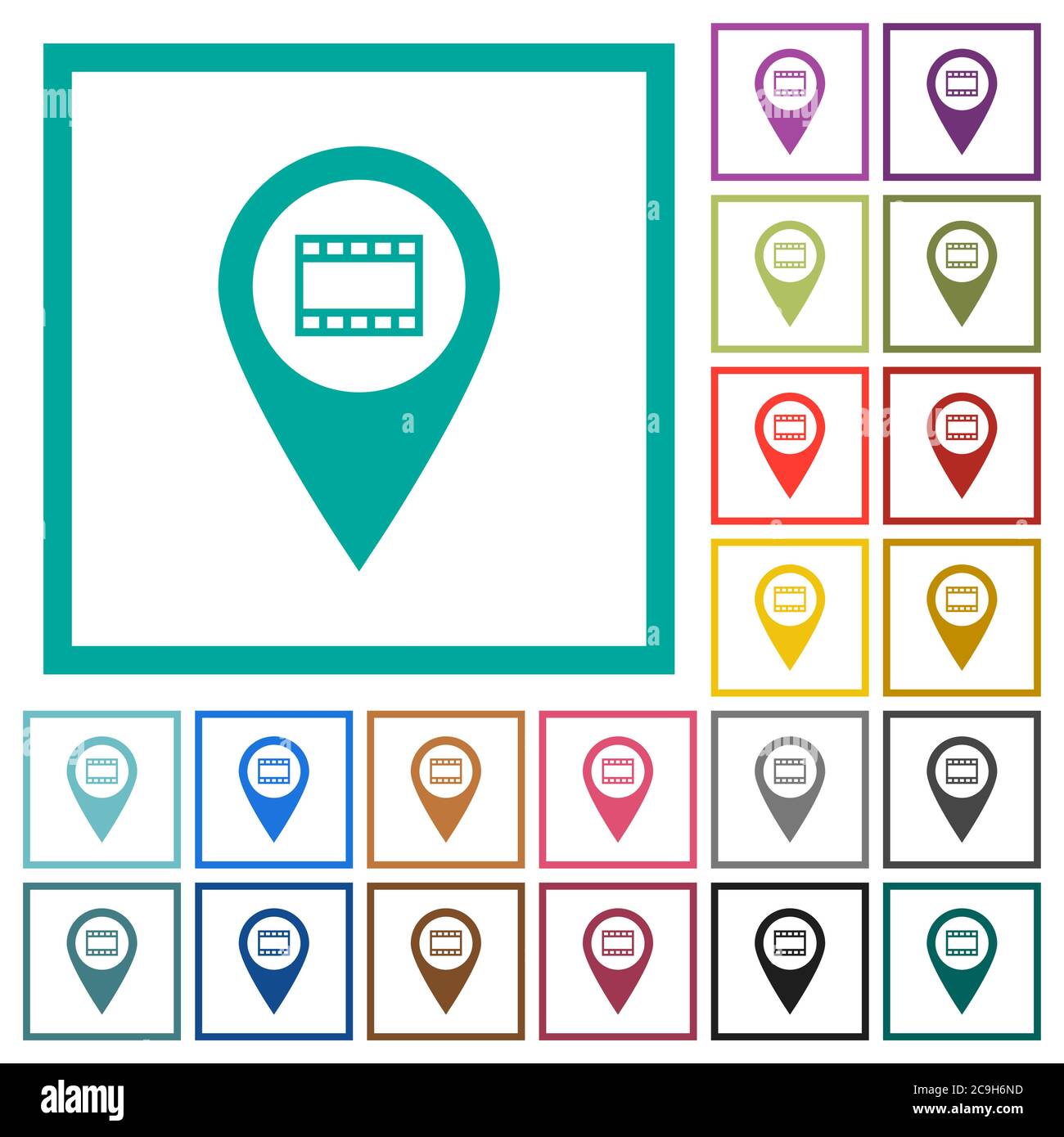 Cinema GPS map location flat color icons with quadrant frames on white ...
