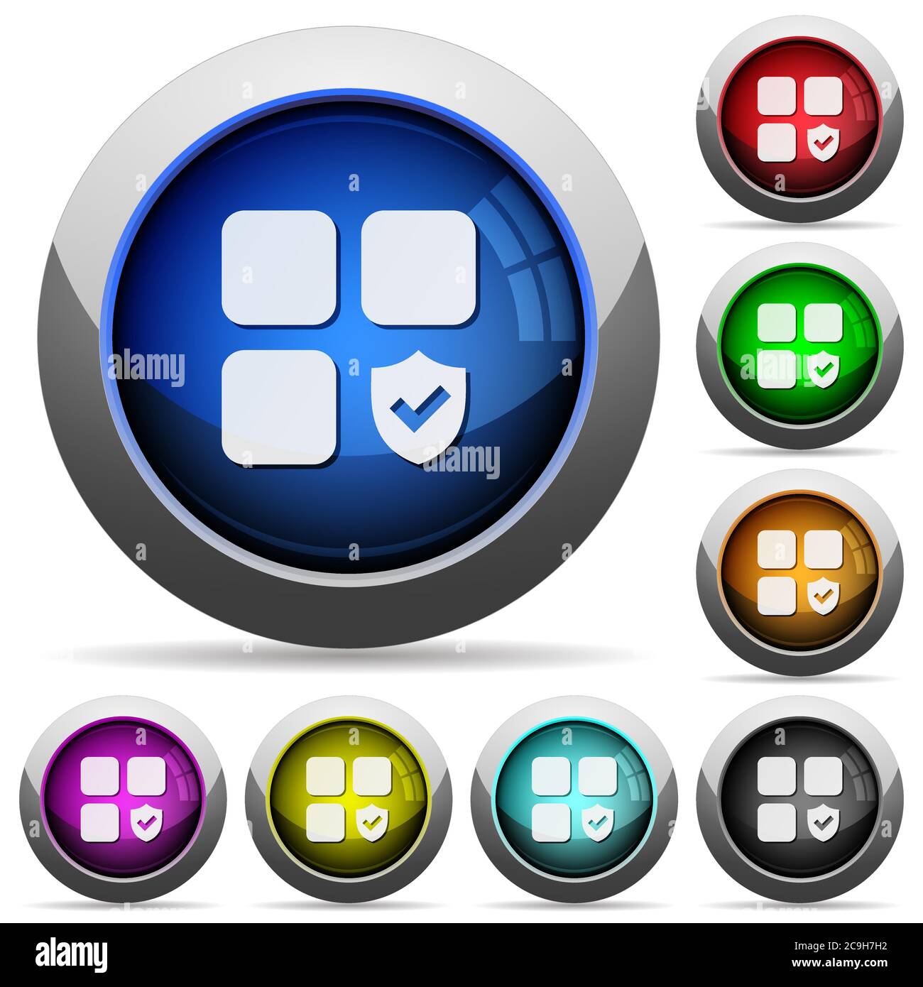 Protected component icons in round glossy buttons with steel frames ...