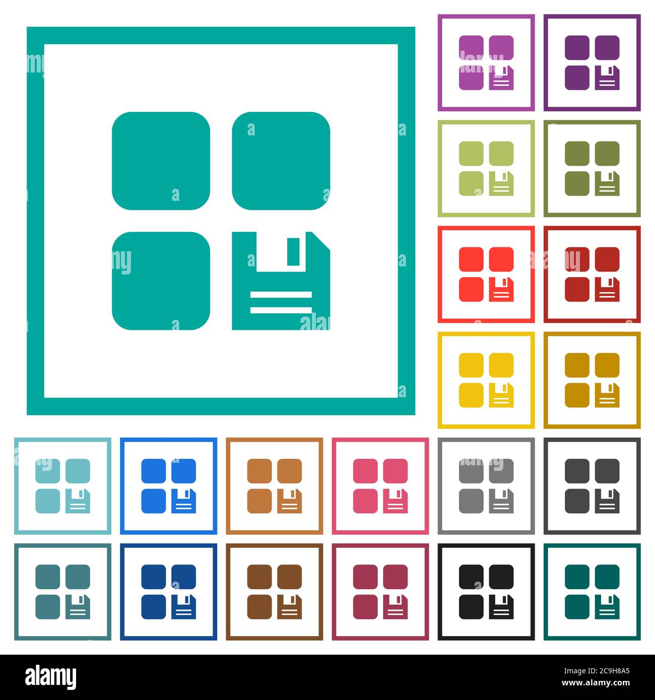 Save component flat color icons with quadrant frames on white ...