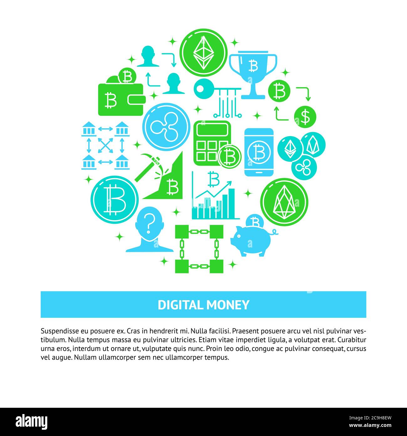 Digital money round banner with place for text. Alternative currency ...