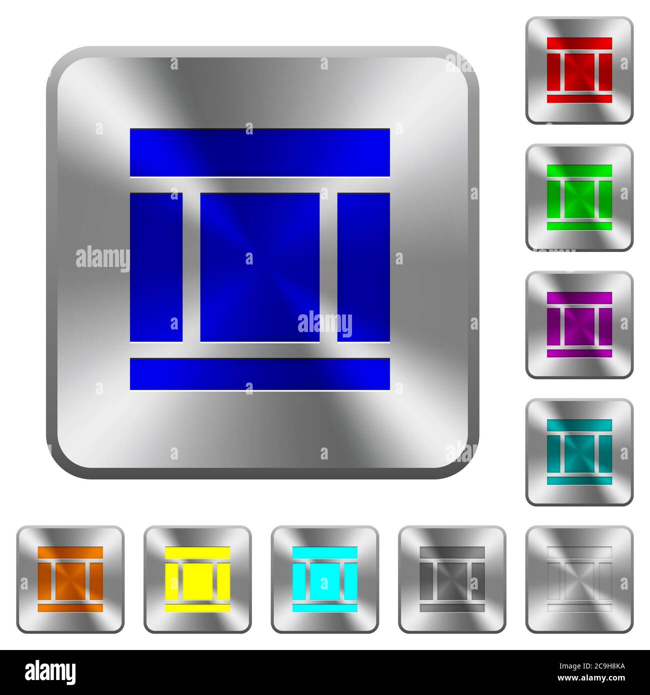 Three columned web layout engraved icons on rounded square glossy steel ...