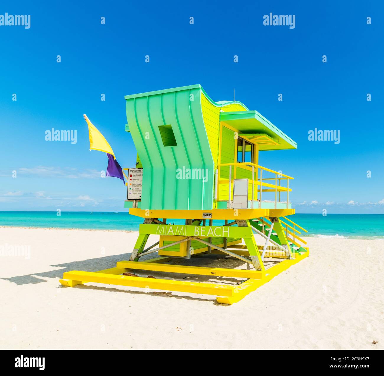 Green lifeguard tower in Miami Beach on a clear day. Southern Florida ...
