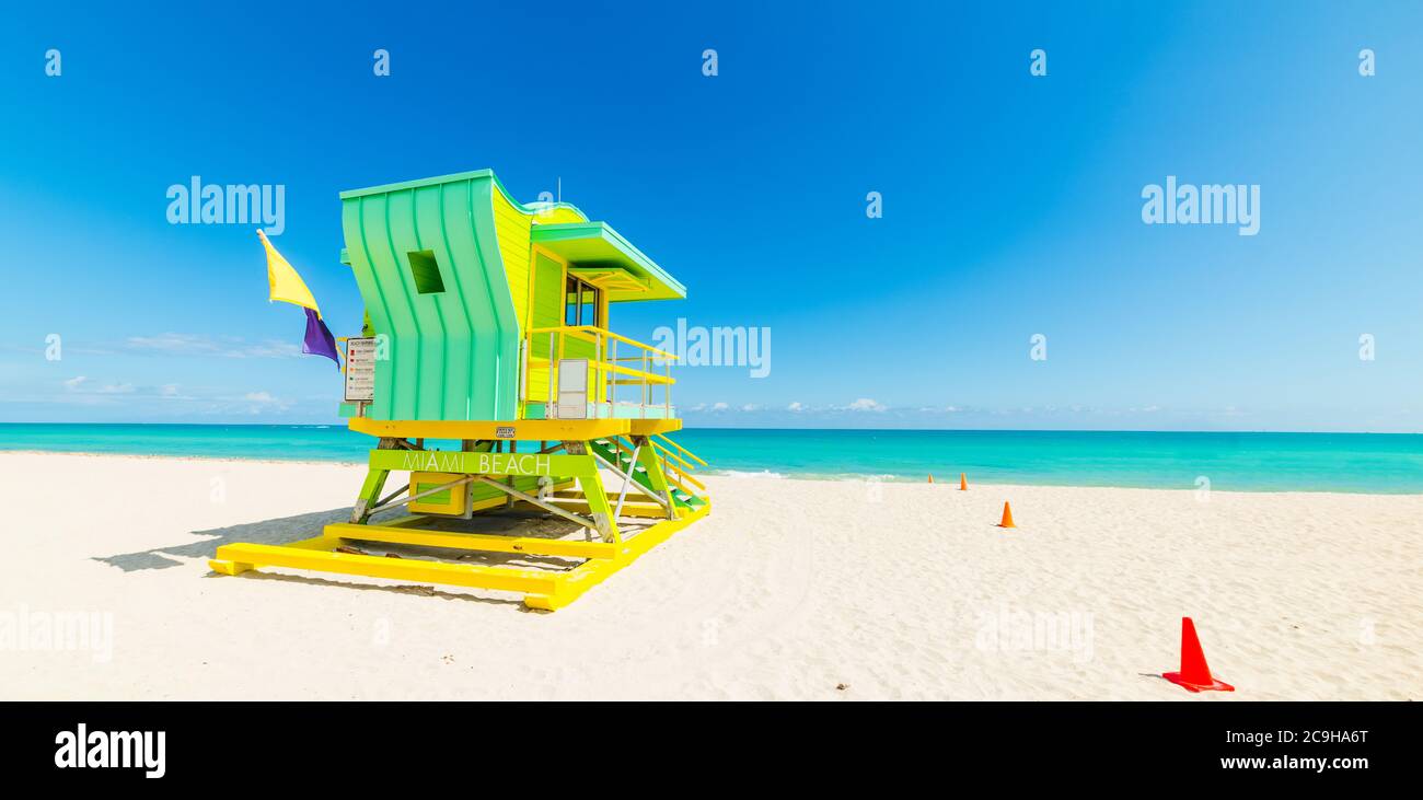 Green lifeguard tower in Miami Beach on a clear day. Southern Florida ...