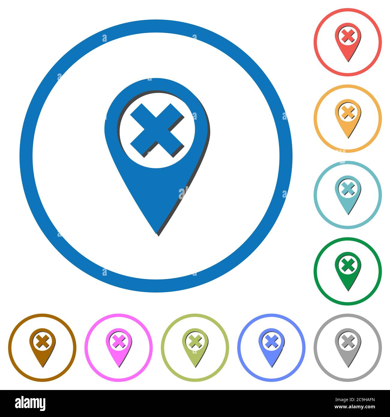 Cancel GPS map location flat color vector icons with shadows in round outlines on white ...