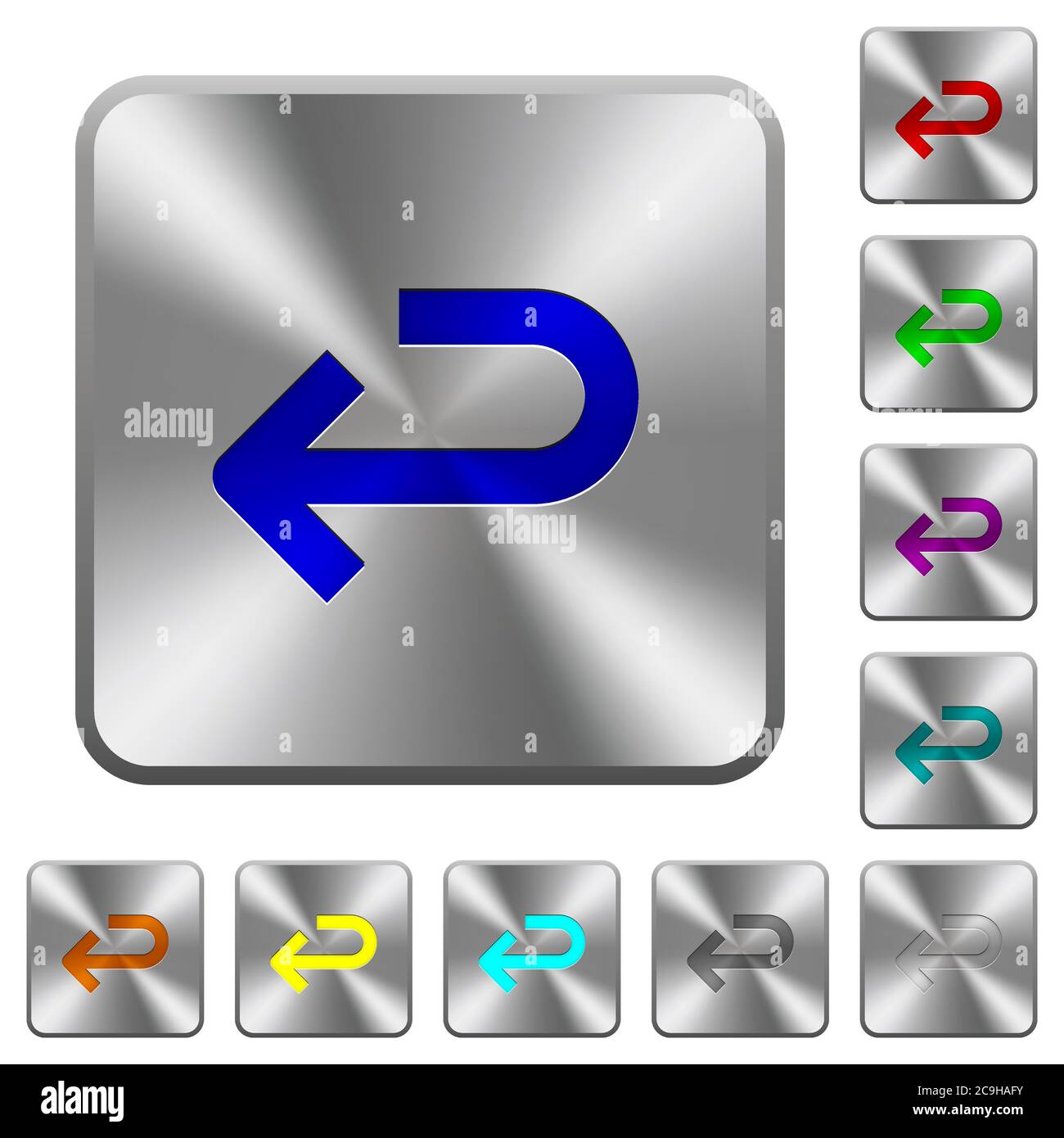 Back arrow engraved icons on rounded square glossy steel buttons Stock ...