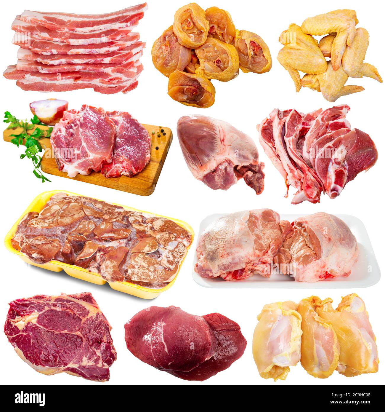 Set of various raw meat products isolated on white background Stock ...