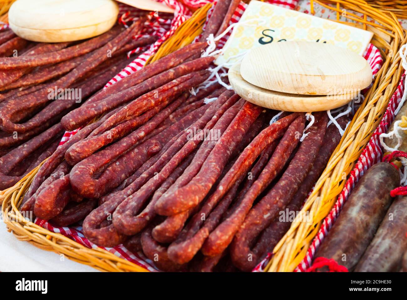 Farm sausage on butcher market Stock Photo - Alamy
