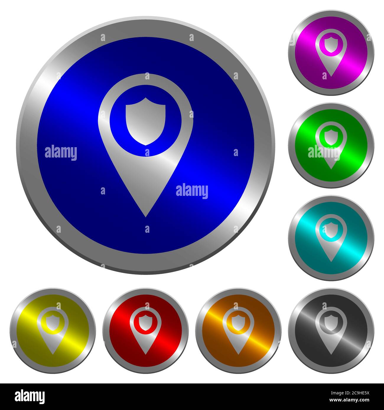 Police station GPS map location icons on round luminous coin-like color ...
