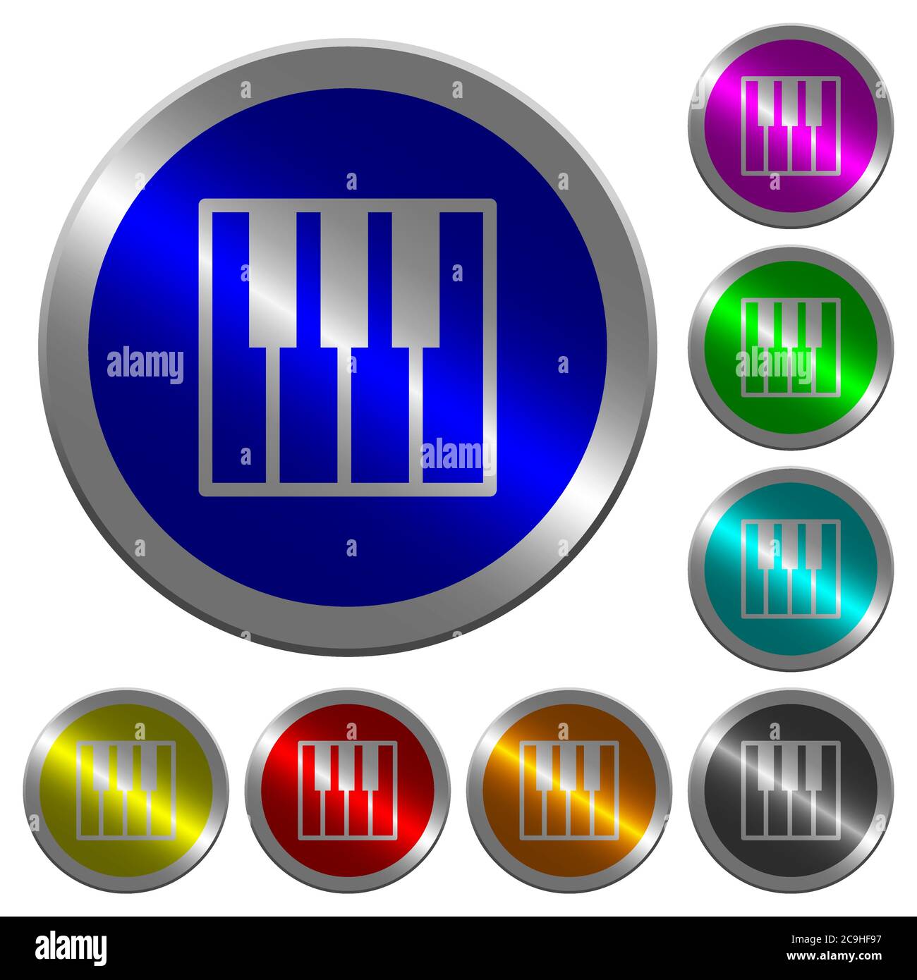 Piano keyboard icons on round luminous coin-like color steel buttons ...