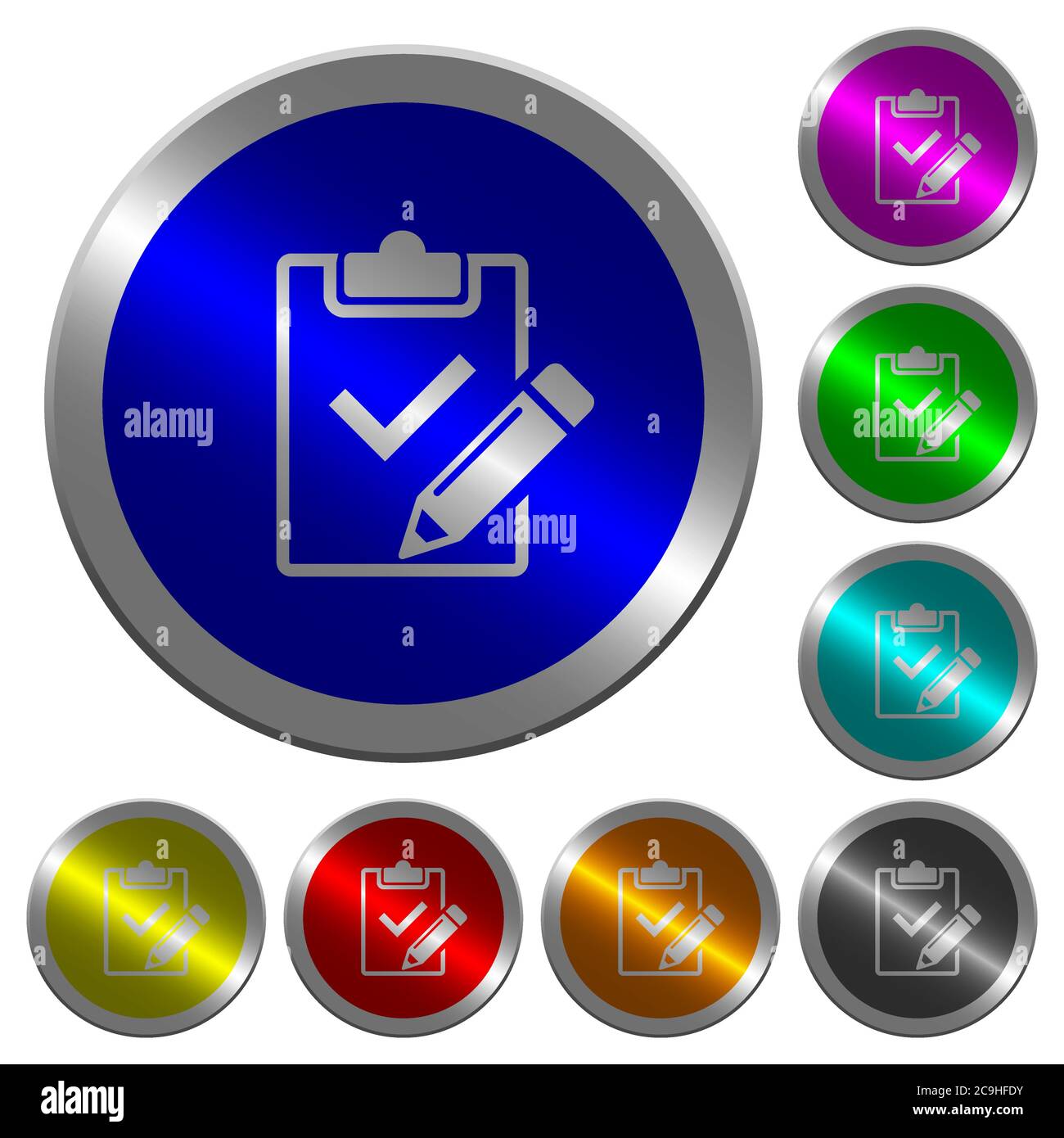 Fill out checklist icons on round luminous coin-like color steel ...