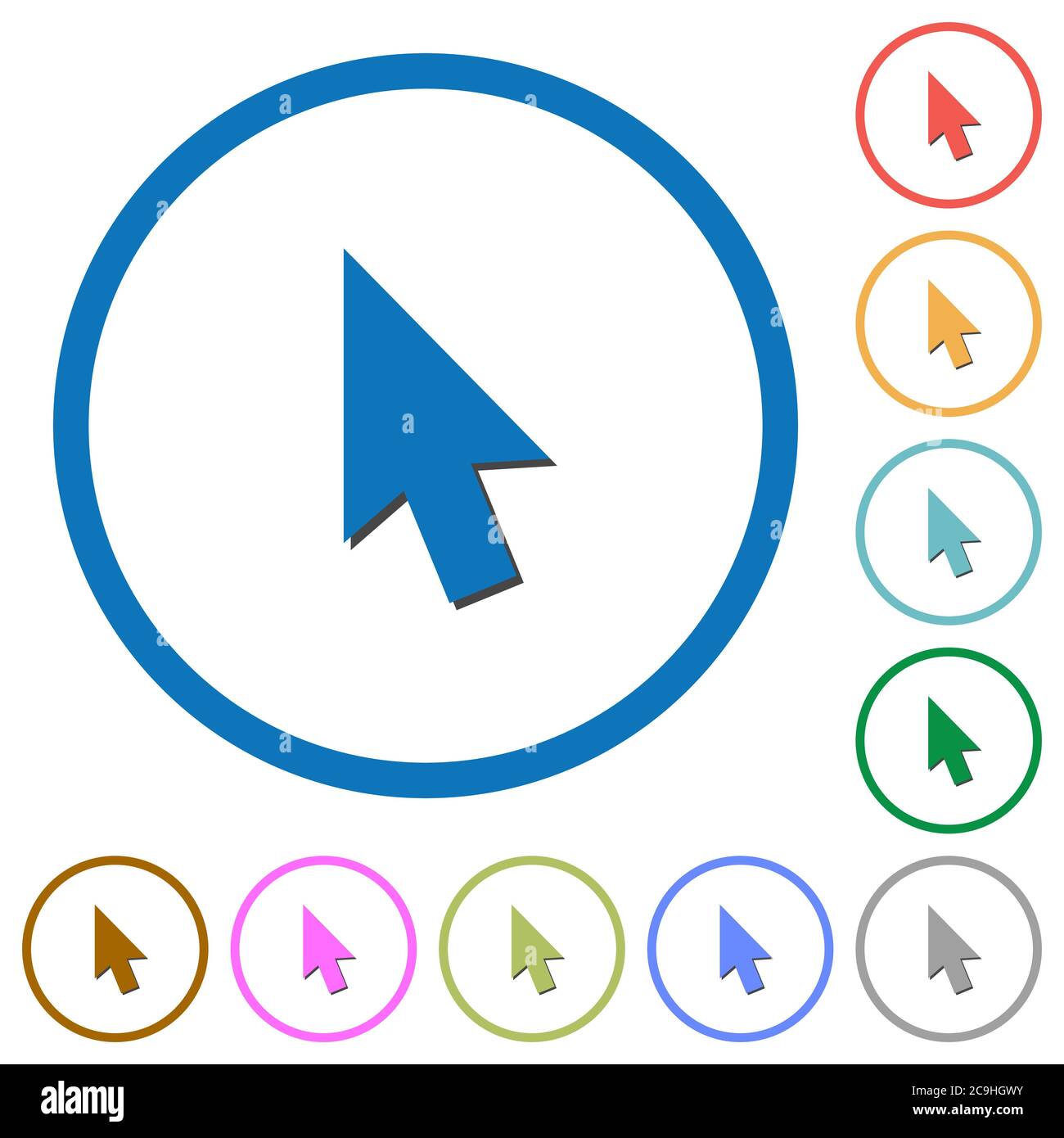 Mouse cursor flat color vector icons with shadows in round outlines on ...