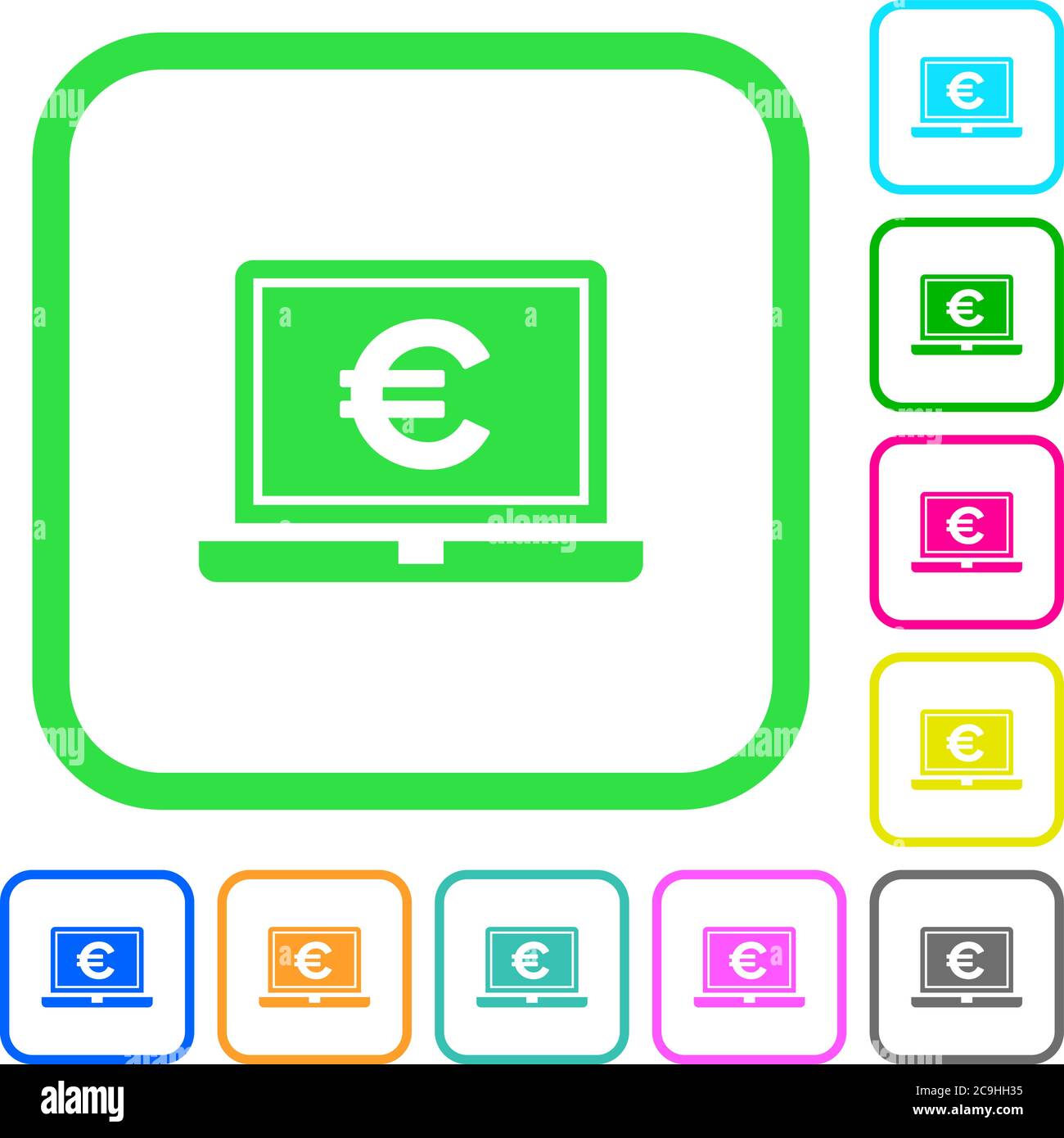 Laptop with Euro sign vivid colored flat icons in curved borders on ...