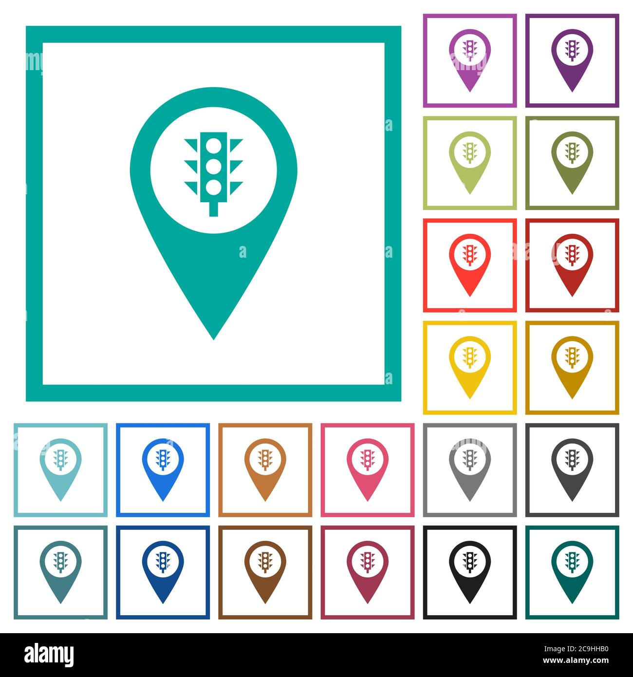 Traffic light GPS map location flat color icons with quadrant frames on ...