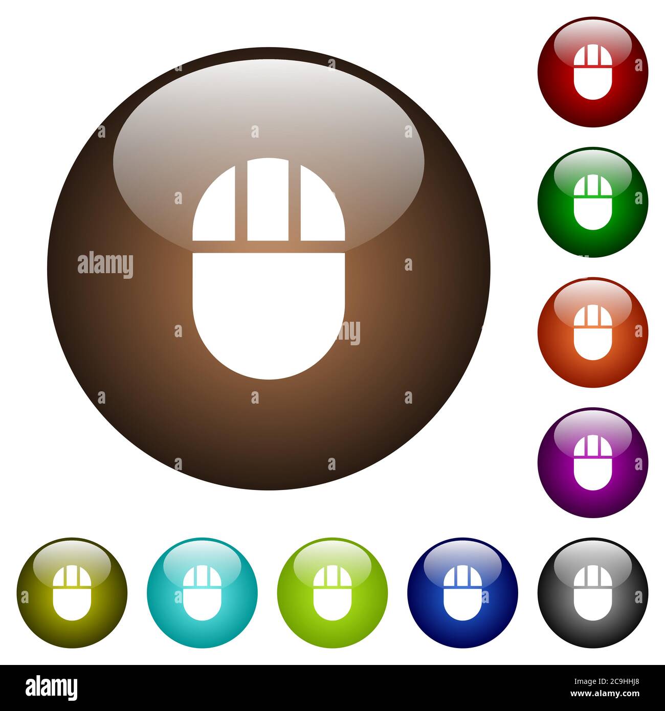 Three buttoned computer mouse white icons on round color glass buttons ...