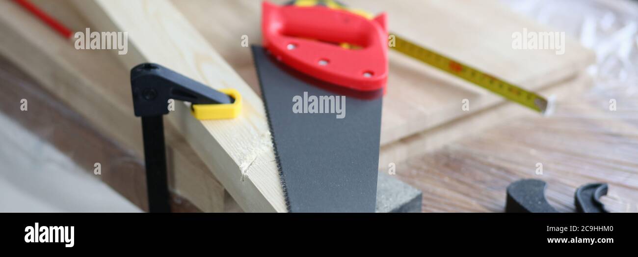 Workbench with wooden blocks and carpentry tools Stock Photo - Alamy