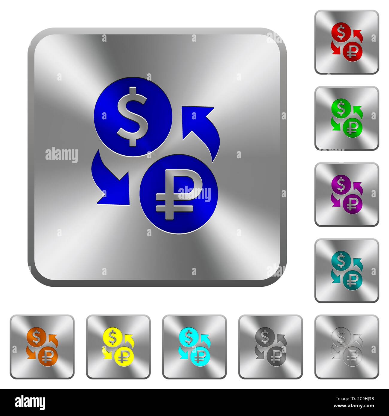 Dollar Ruble money exchange engraved icons on rounded square glossy ...