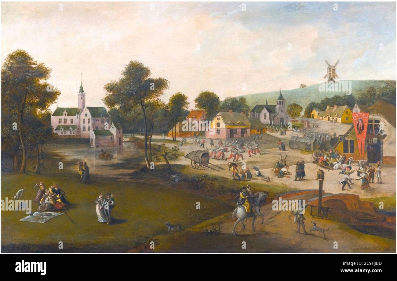 Jacob Grimmer - Entrance to a village with peasants carousing Stock ...