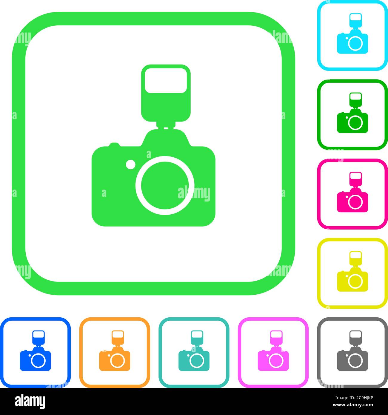 Camera with flash vivid colored flat icons in curved borders on white ...
