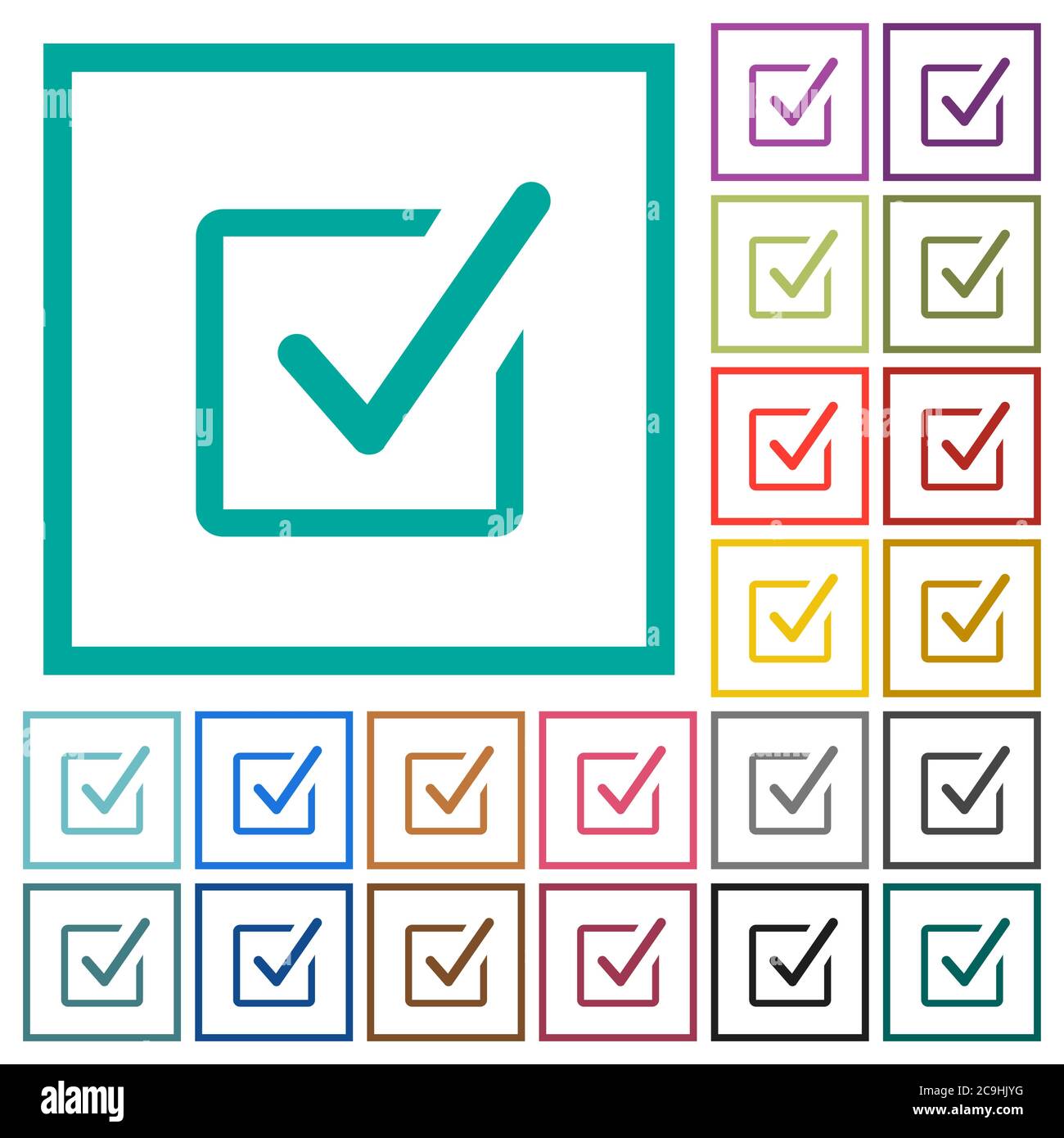 Checked box flat color icons with quadrant frames on white background ...