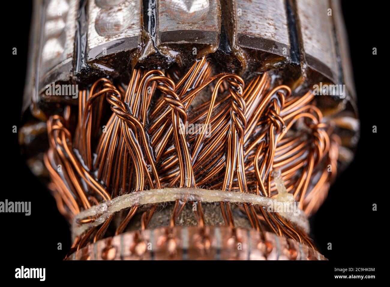 Electric rotor winding. Close-up of the copper cables on the rotor ...