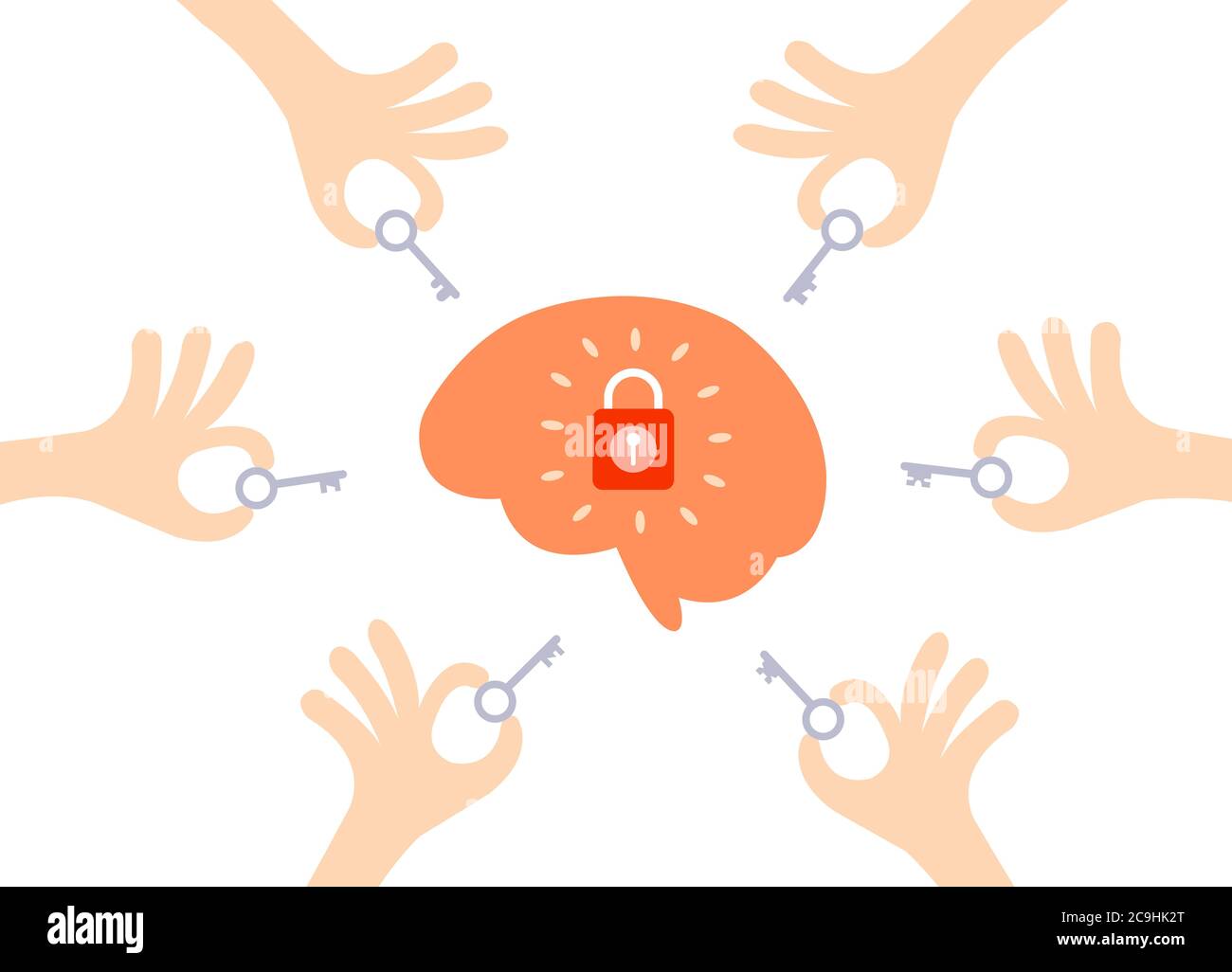 The brain that has the key locked with hand hold the keys around ...