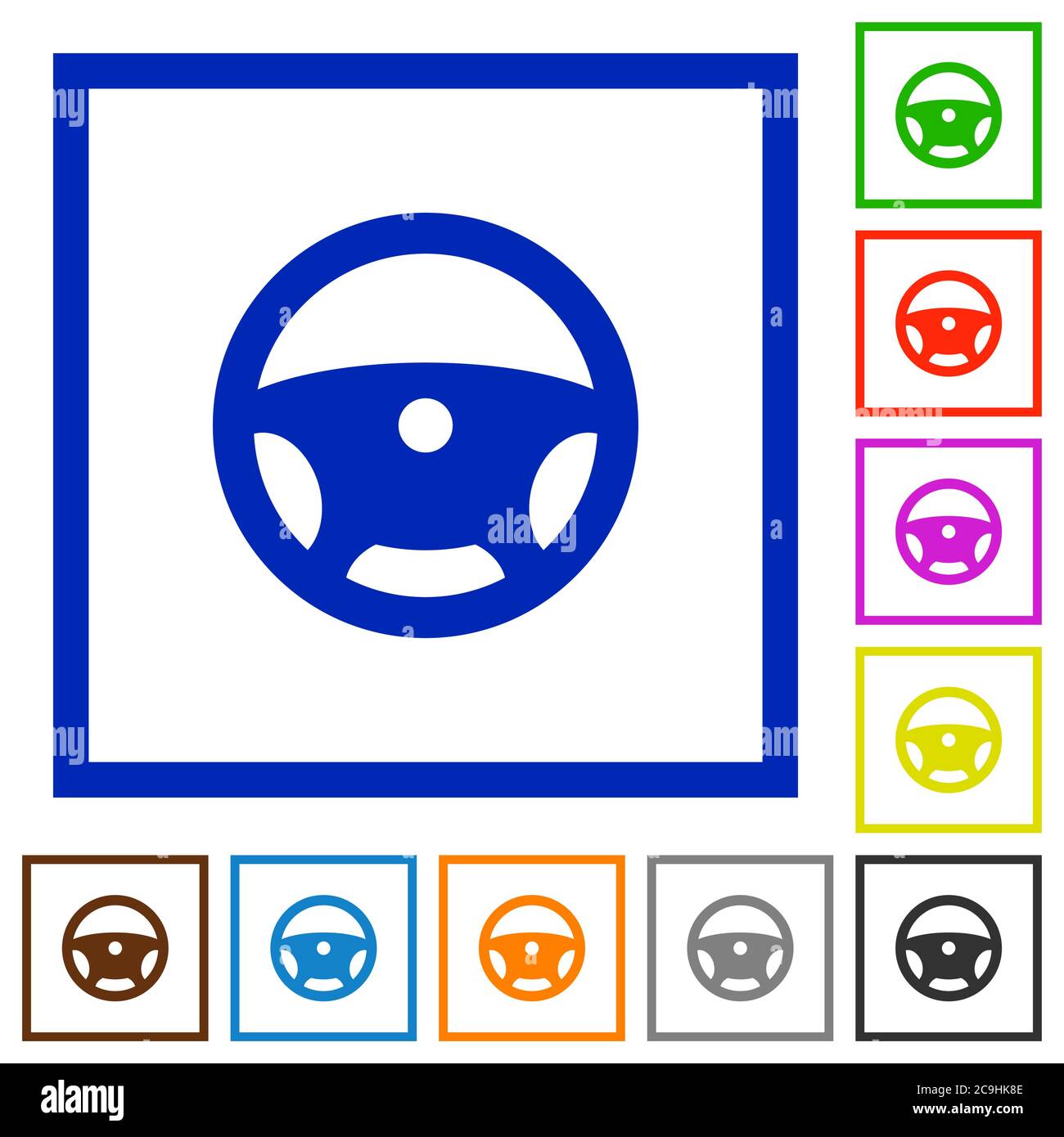 Steering wheel flat color icons in square frames on white background ...