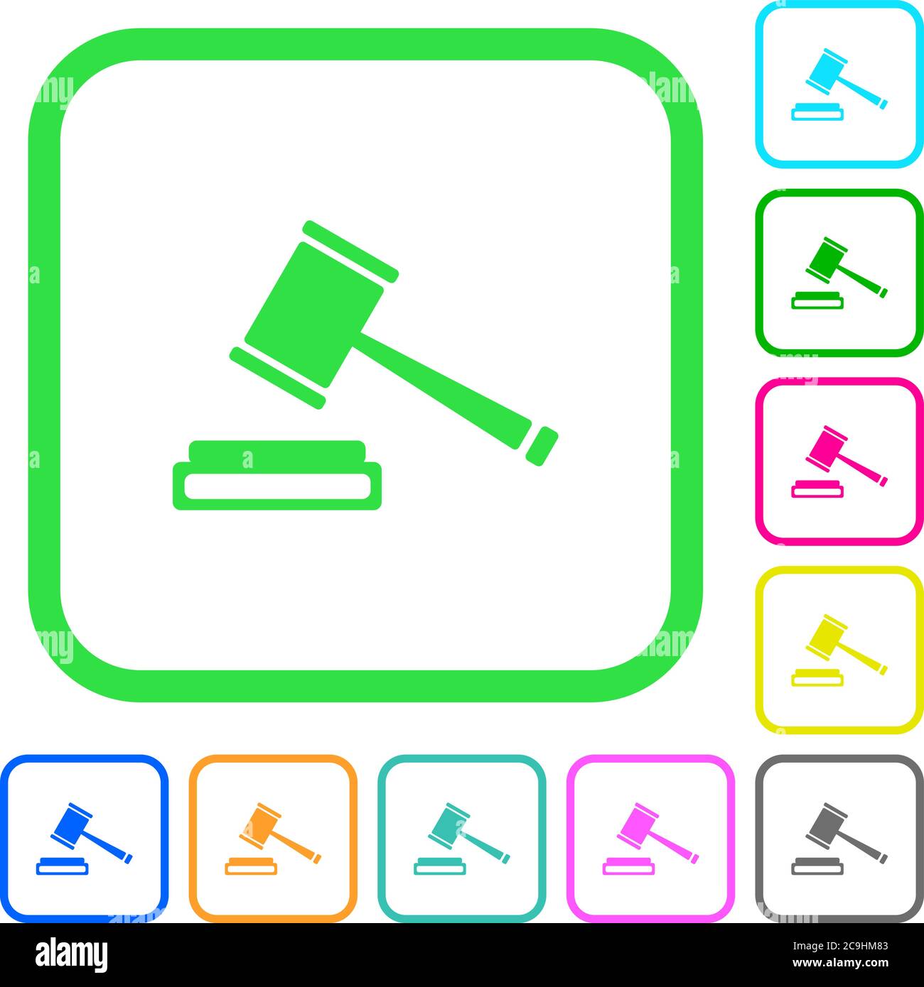 Auction hammer vivid colored flat icons in curved borders on white ...