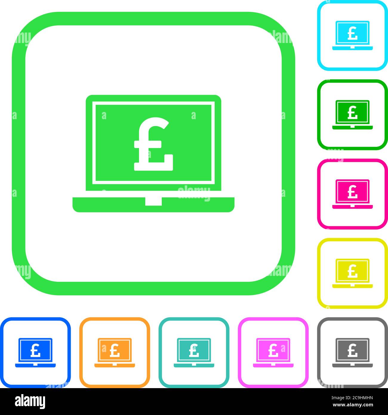 Laptop with Pound sign vivid colored flat icons in curved borders on ...