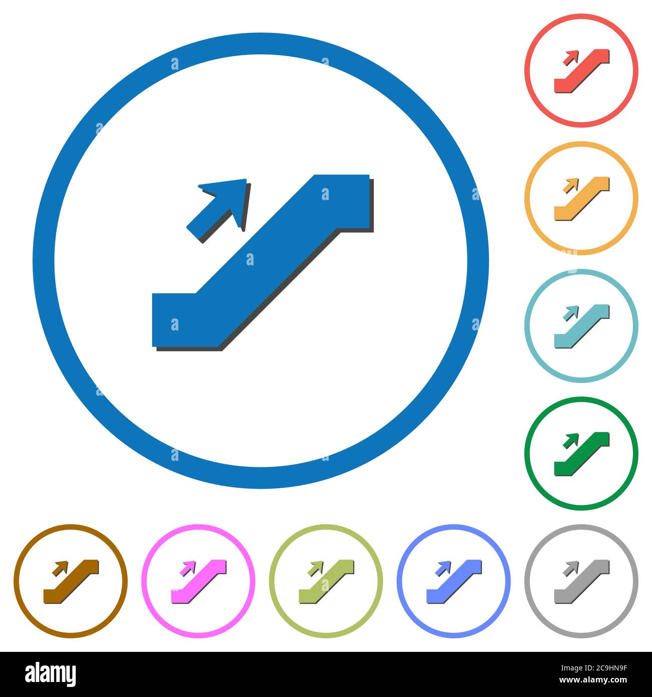 Escalator up sign flat color vector icons with shadows in round ...