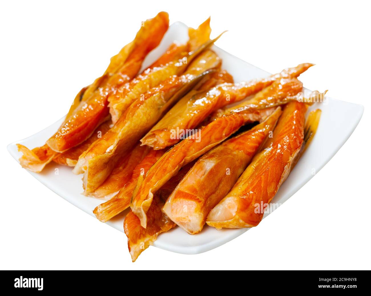 Cold smoked salmon belly strips. Popular fish product of Russian ...