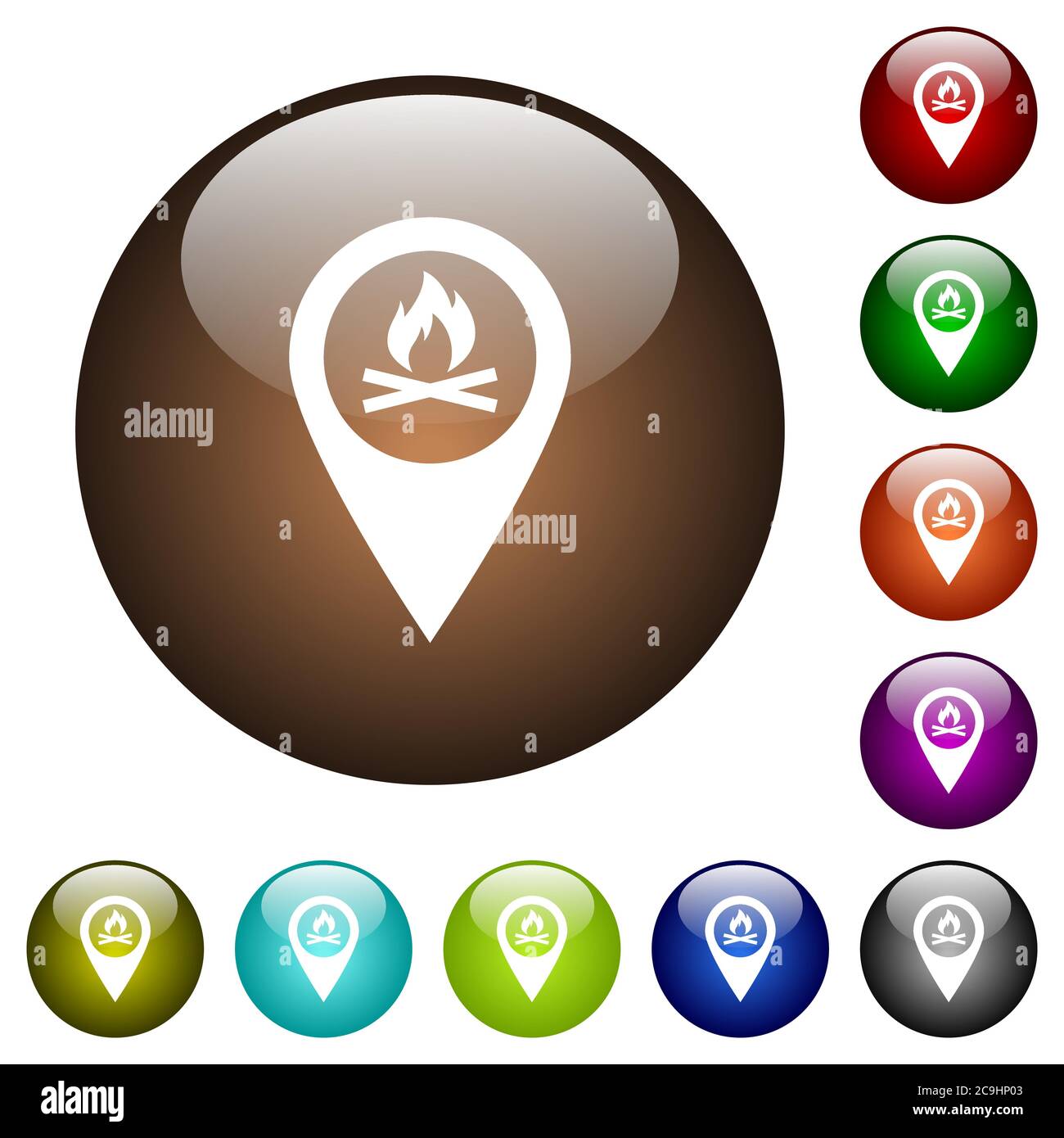 Camp GPS map location white icons on round color glass buttons Stock ...