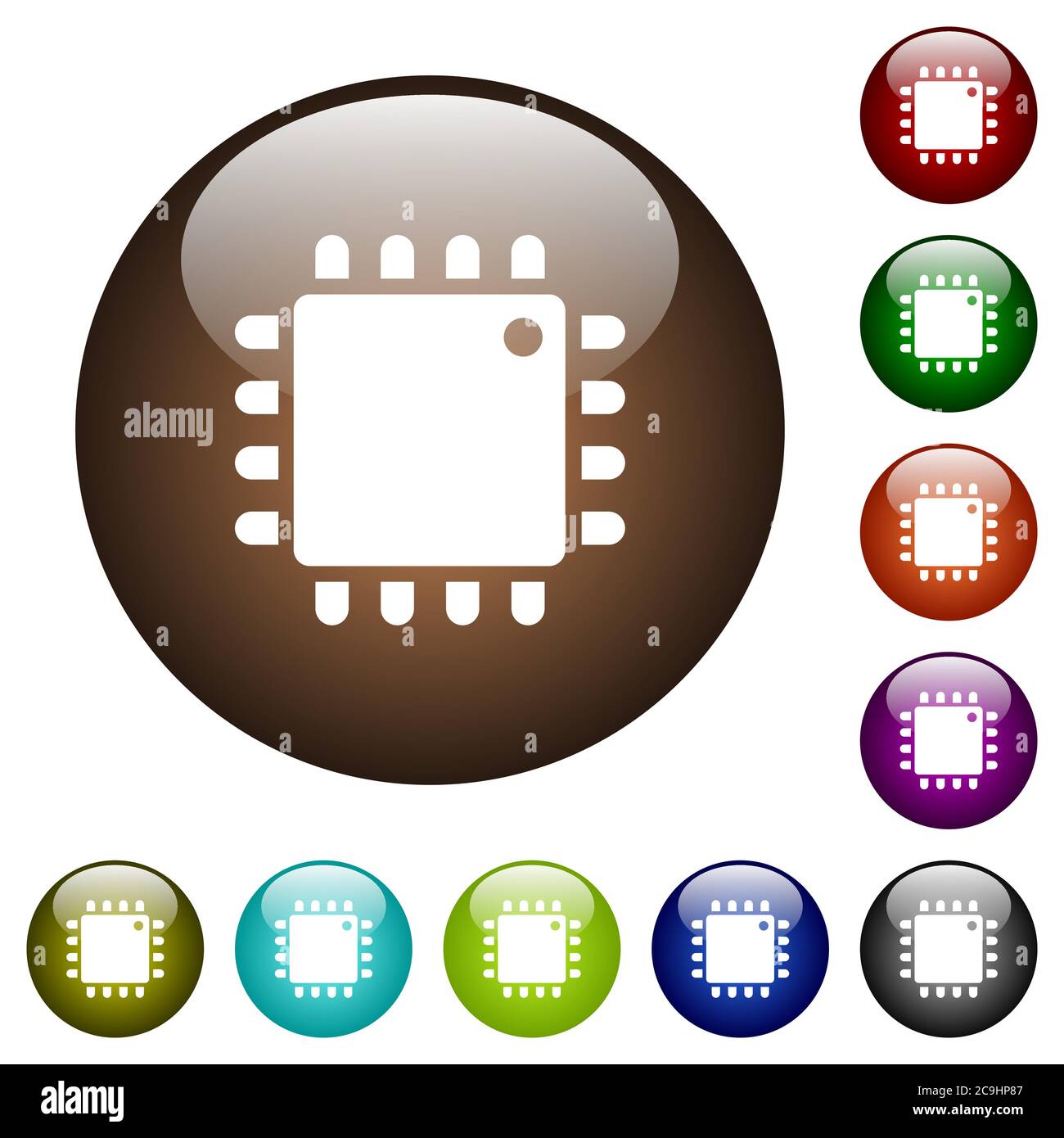 Computer processor white icons on round color glass buttons Stock ...