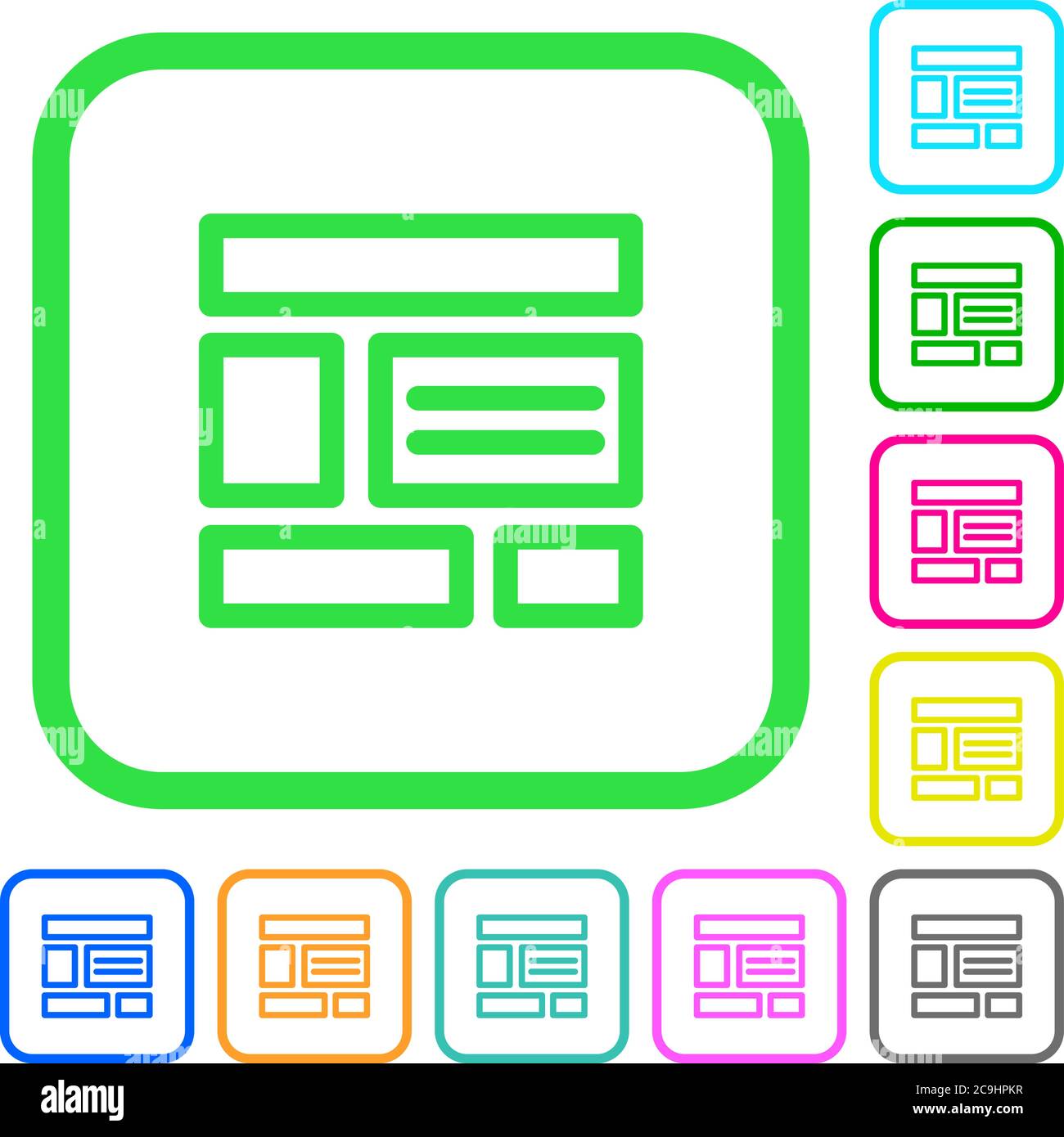 Web layout vivid colored flat icons in curved borders on white ...