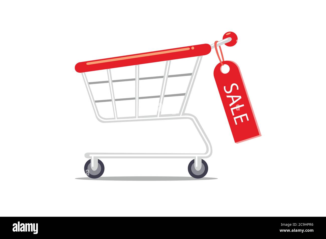 Shopping cart with hanging sale label isolated on white background ...