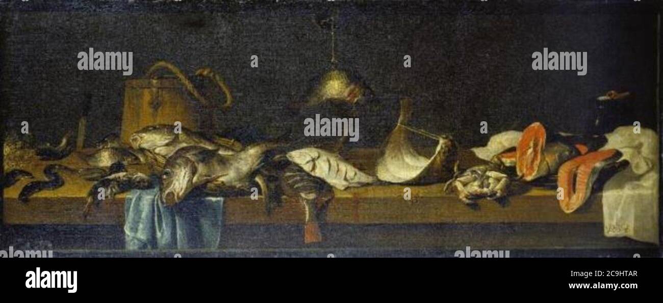 Jacob van Es - Visstilleven met paling, kabeljauw, platvissen, en krab ...