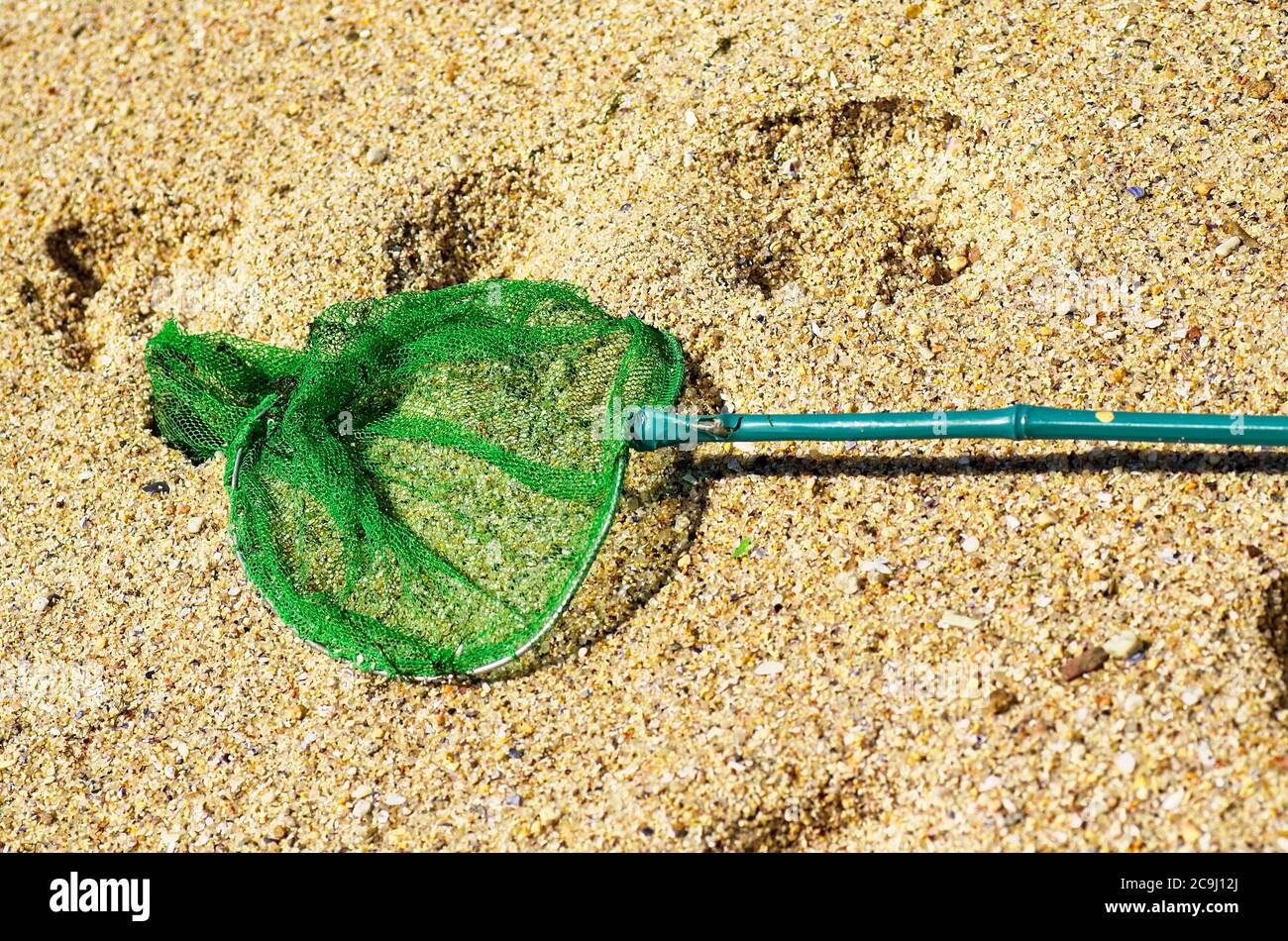 Green fishing net on the sand. Fishing tool Stock Photo - Alamy