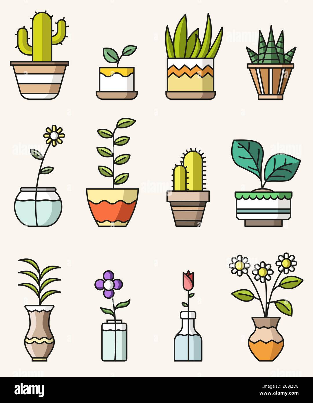 Vector isolated flat style colorful icons of home flowers and plants ...