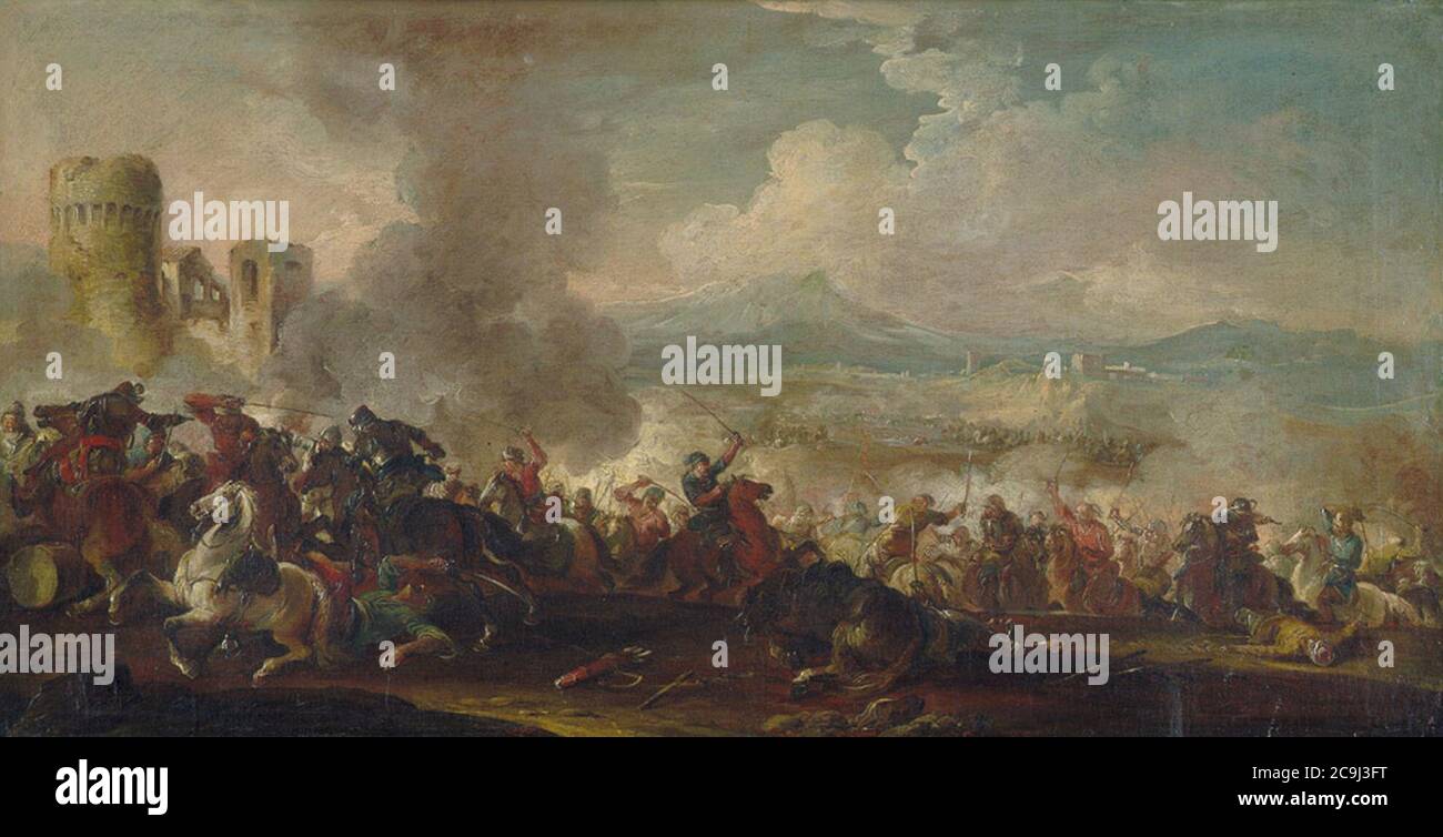 Jacques Courtois - Cavalry skirmish between two armies in a wide valley ...