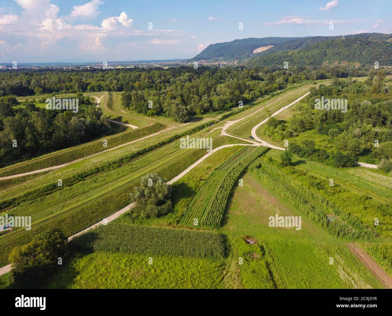 Beautiful Sava river landscape, green forests and crop fields ...